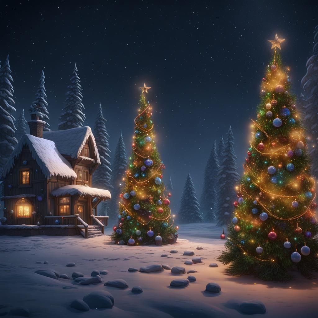 Decorated Christmas trees at night while it snows. - AI Generated ...