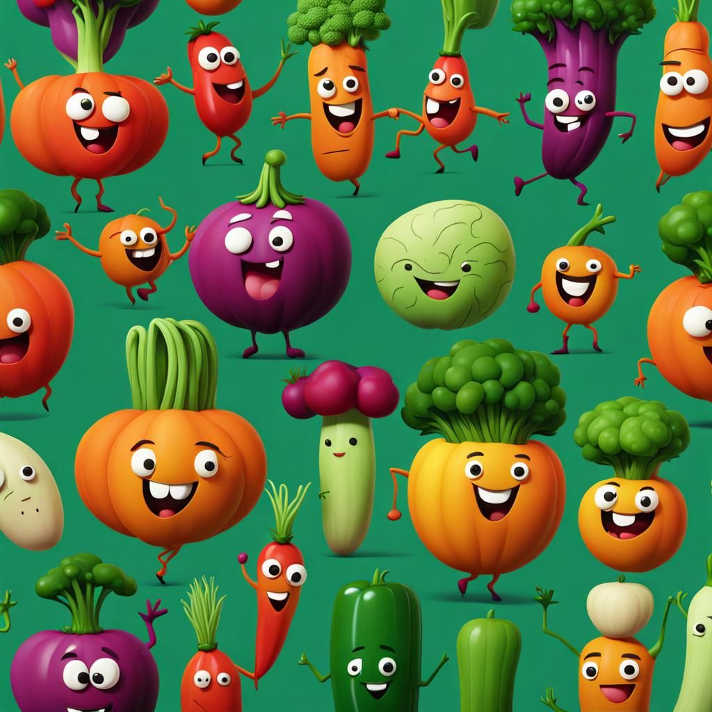 A minimalist graphic design of funny cartoon vegetables dancing ...