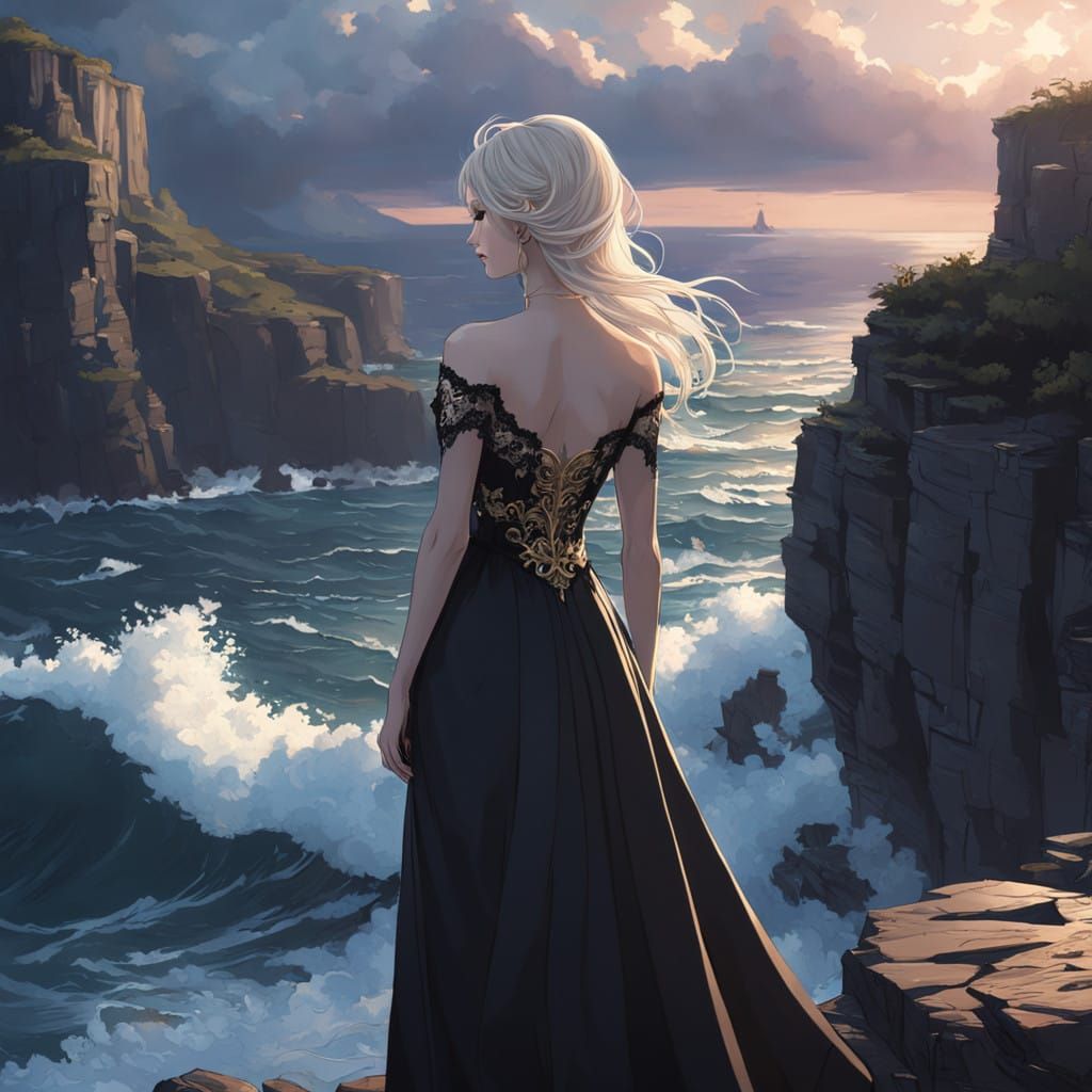 Elegant Girl on Cliffside in Cyberpunk Anime Style - AI Art