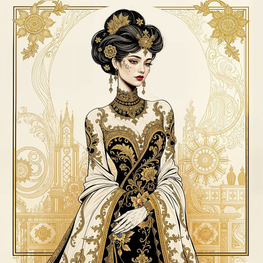 Stylised, Gold and black ink art, elegant
