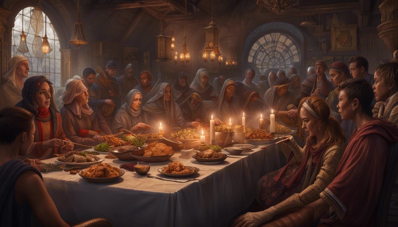 A large dinner table seated with people of all races and and religions ...