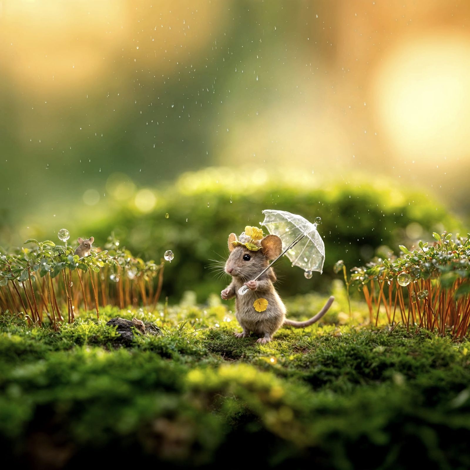 In a miniature wonderland of soft green moss, a small mouse enjoying ...