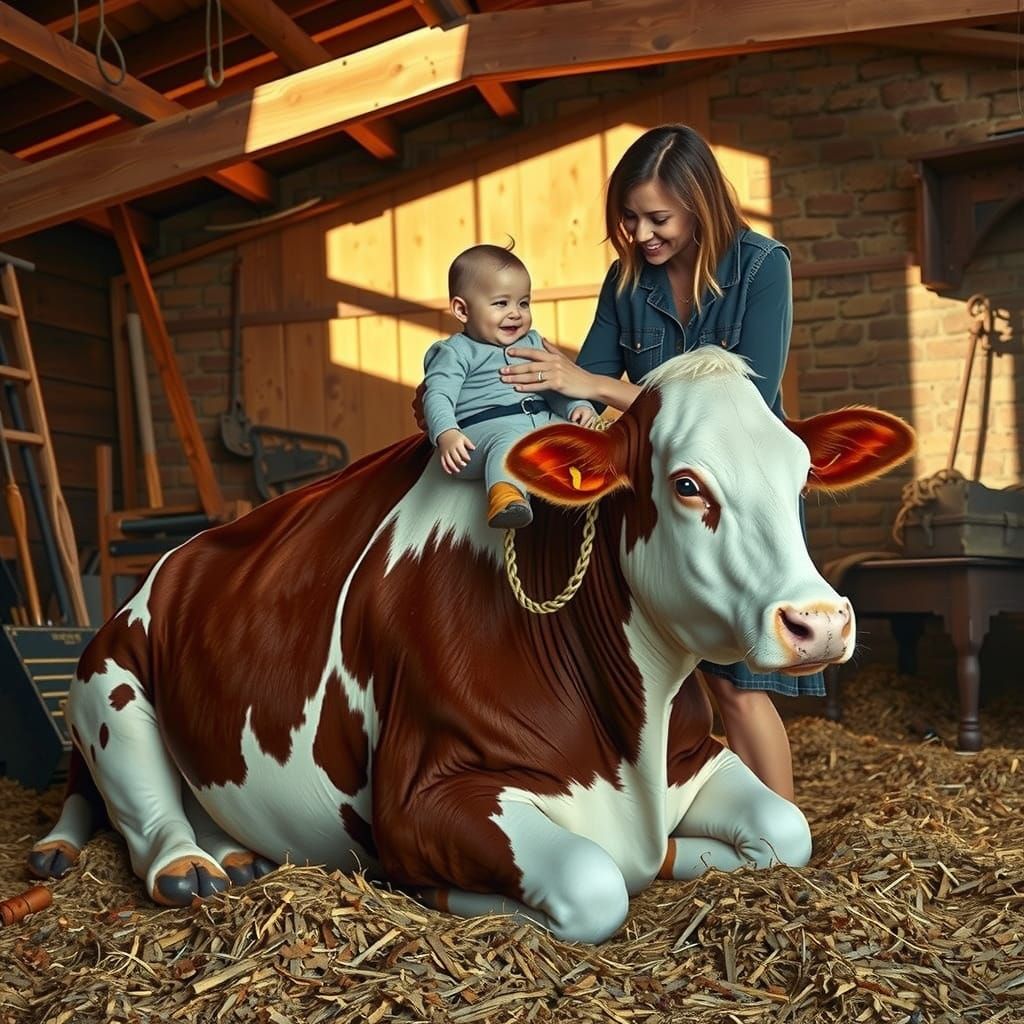 Woman and Baby Interact with Gentle Cow in Cozy Ba... - AI Art