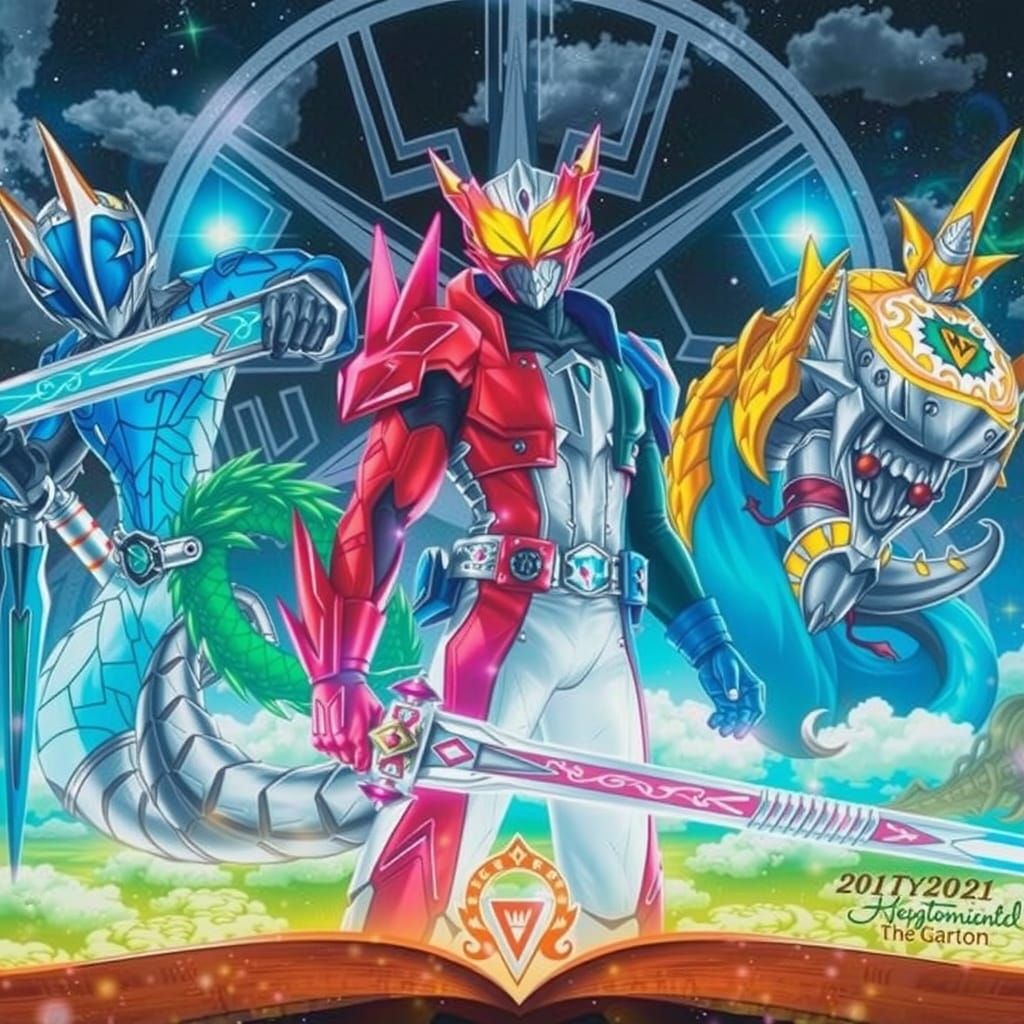 A cosmic-astral fox-dragon hybrid Kamen Rider Swordsman symbolizing the ...