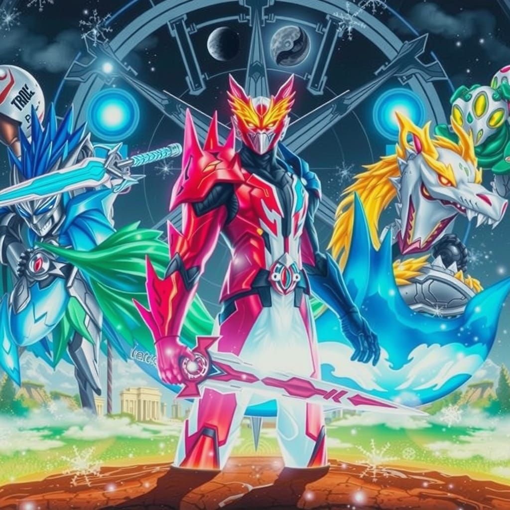 A cosmic-astral fox-dragon hybrid Kamen Rider Swordsman symbolizing the ...