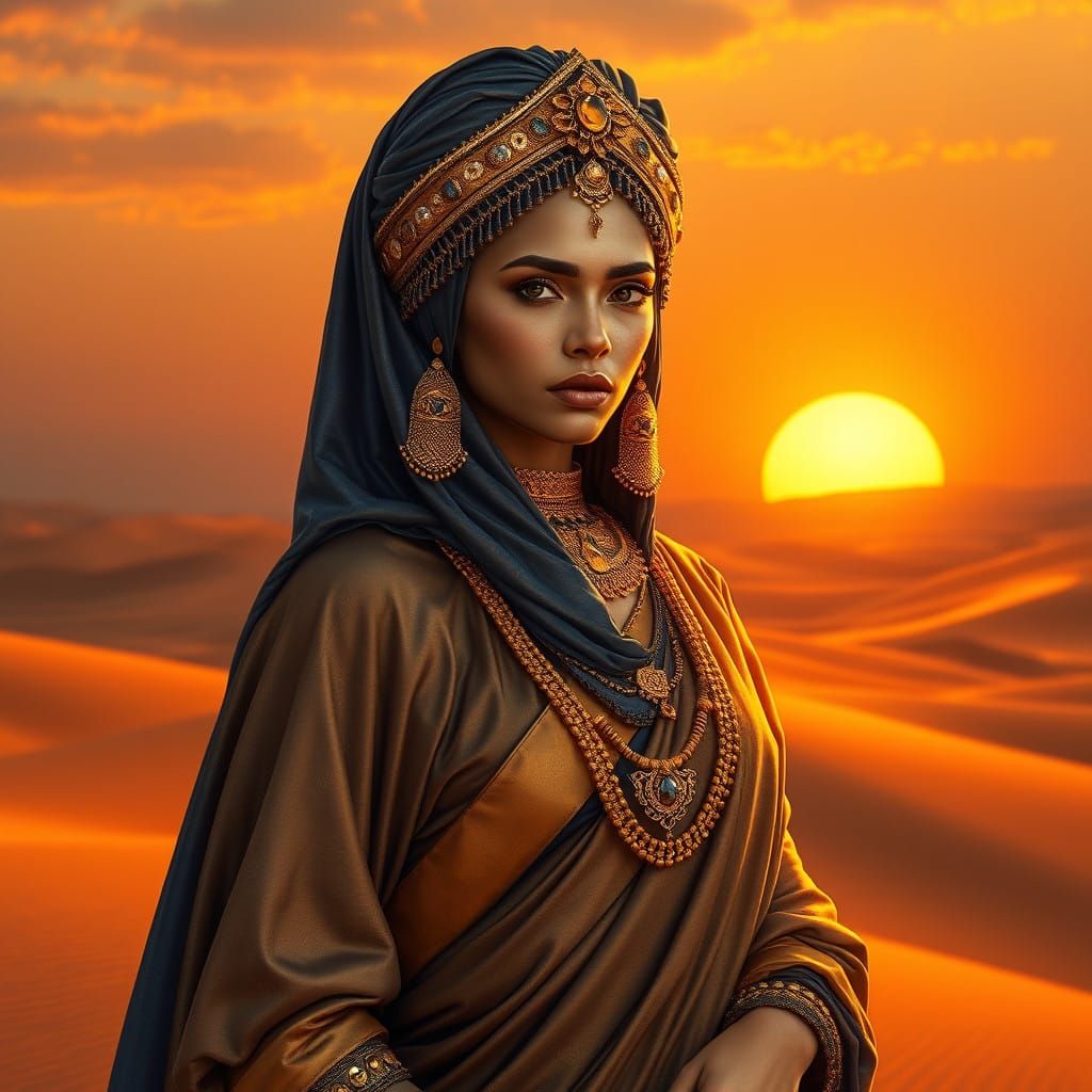 Desert Nomad Royalty Amidst the rolling dunes of a golden desert, a regal figure emerges. Draped ...