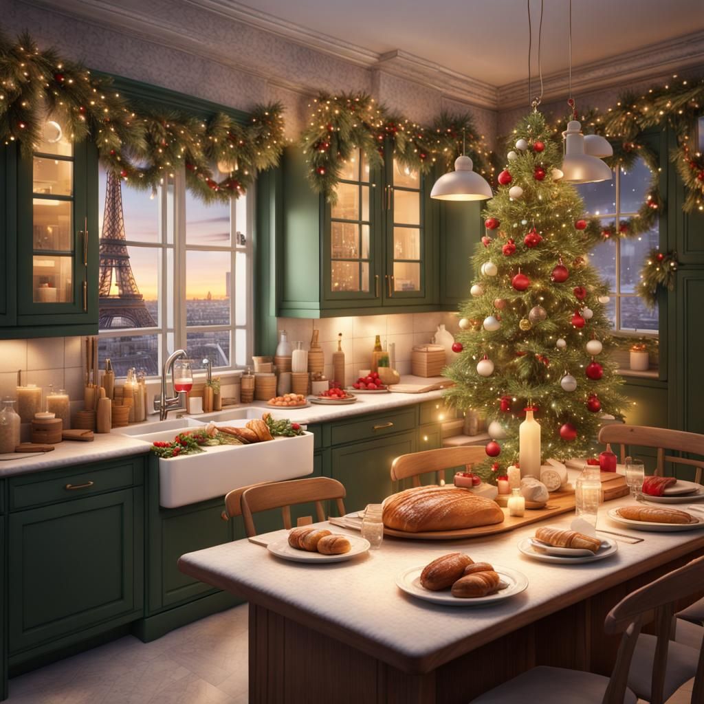 decorated with mistletoe, twinkling lights, gently falling snow, a ...