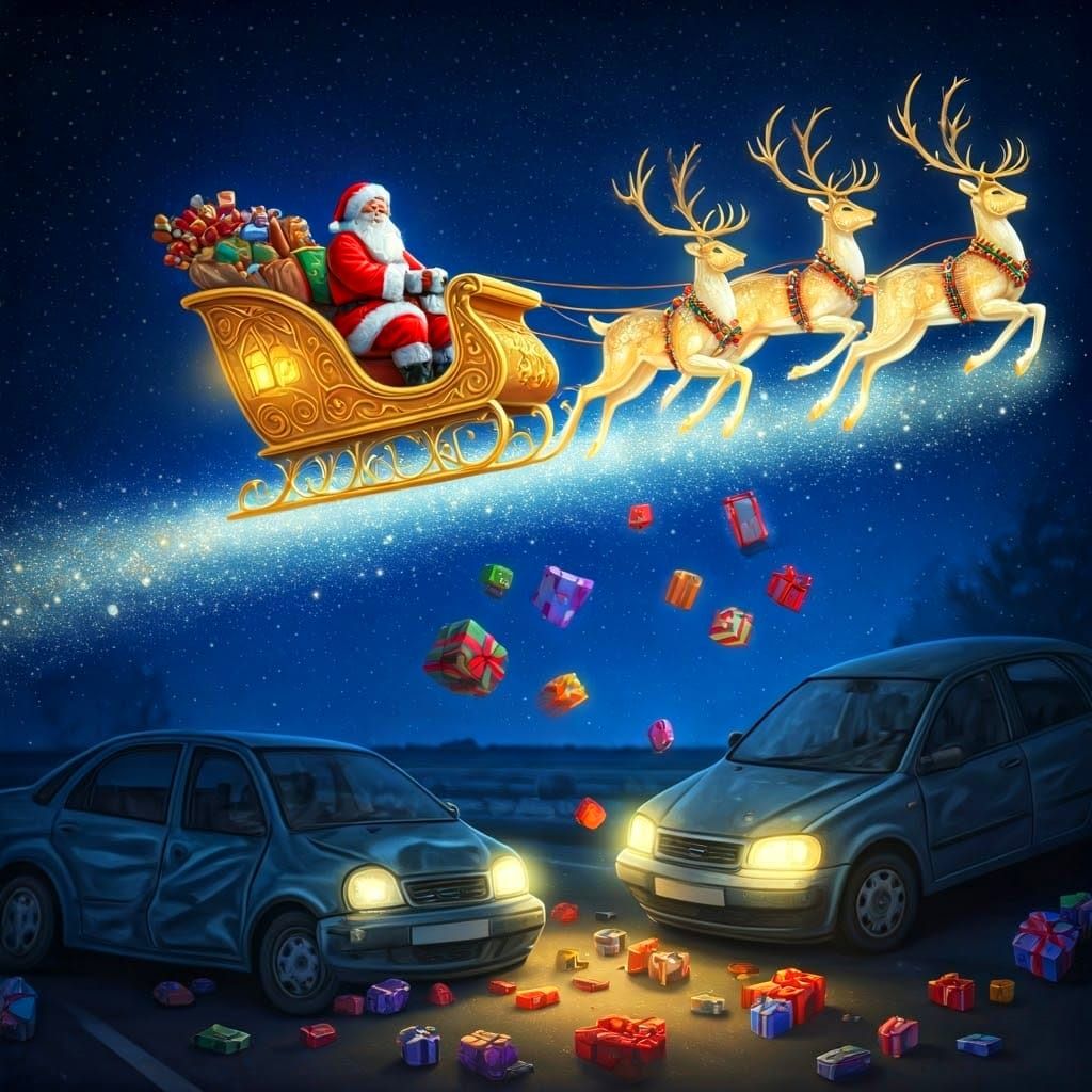 8k, Stunning. Santa Claus sits on his sleigh and looks down in shock ...