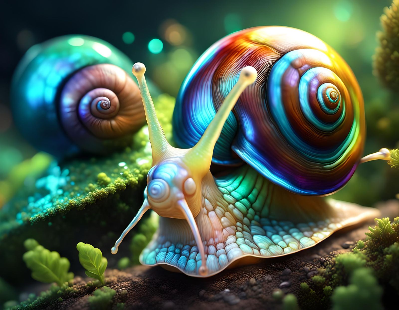 Cute multicolor chrome, realistic snail, is Bioluminescent, Iridescent ...
