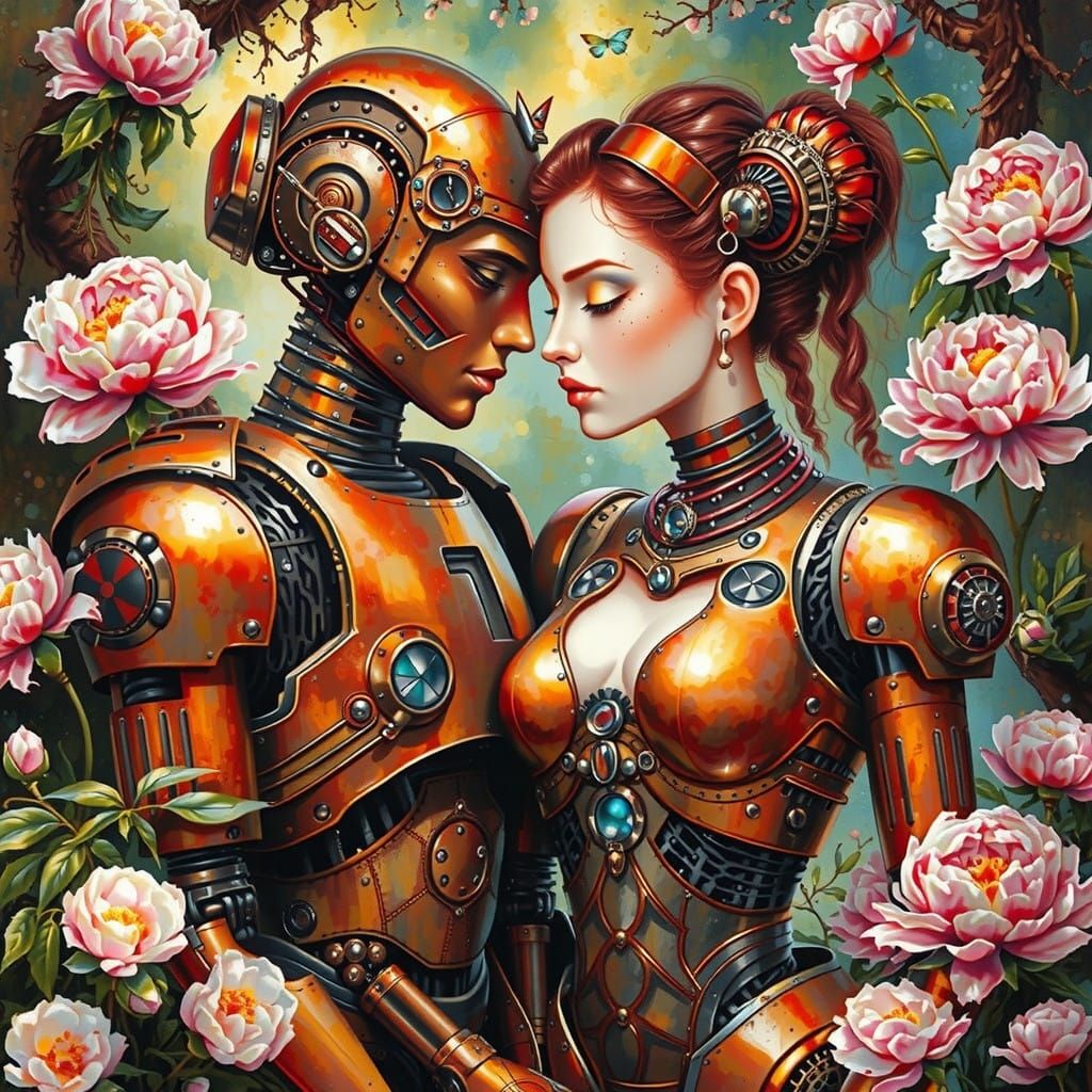 Majestic Rusty Robot Couple in Whimsical Fantasy G... - AI Art