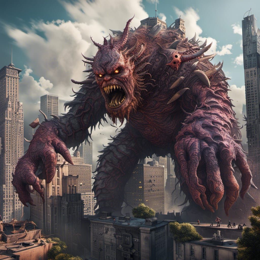 giant apartment monster made from buildings attacking the city - AI ...
