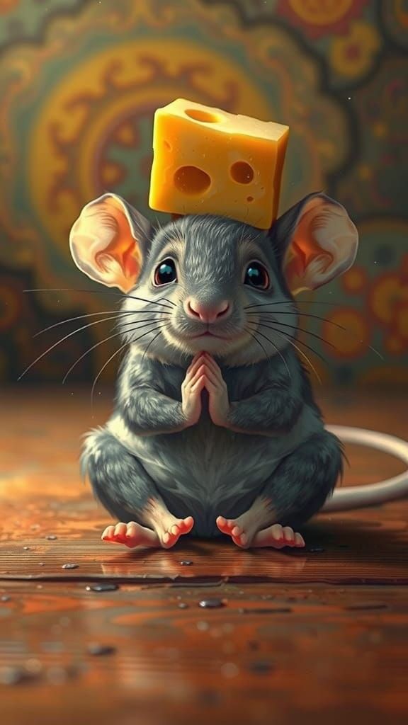 Whimsical Mouse in Serene Prayer Pose, Swiss Chees... - AI Art