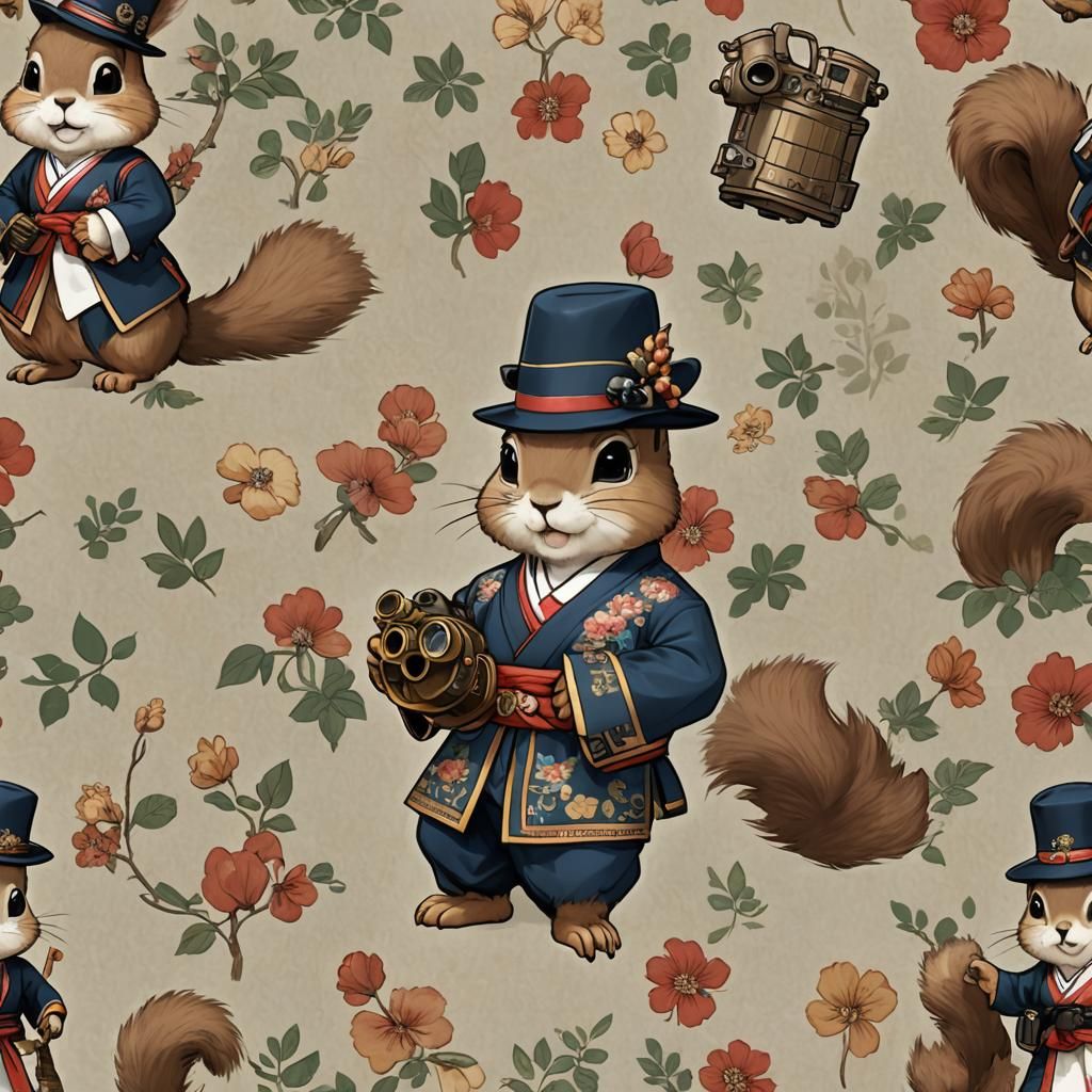 a (chibi squirrel wearing korea traditional clothes and fedora:2.2 ...