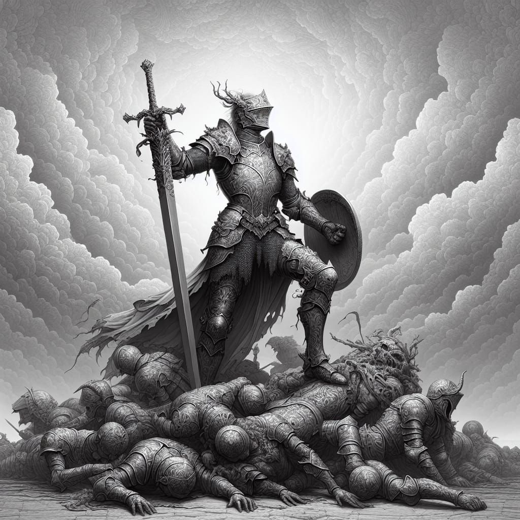 The Conquering Hero - Medieval Knight of Victory in a Graysc...