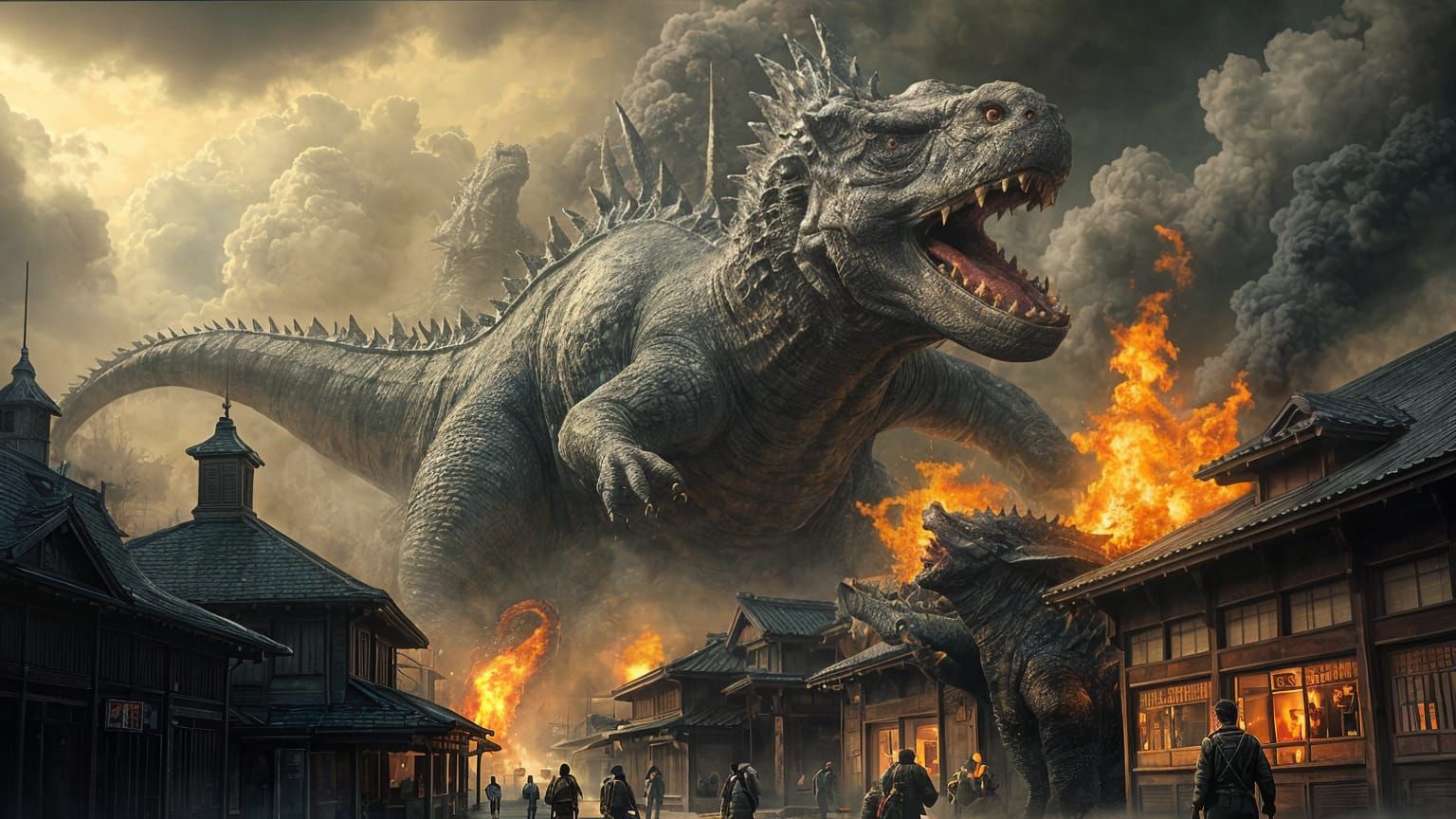 Godzilla's Devastating Oil Painted Assault on Toky... - AI Art