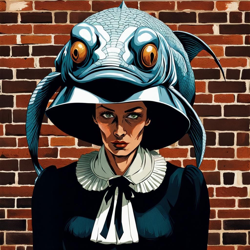Hideously ugly fish-headed woman tipping her bonnet at the handsome ...
