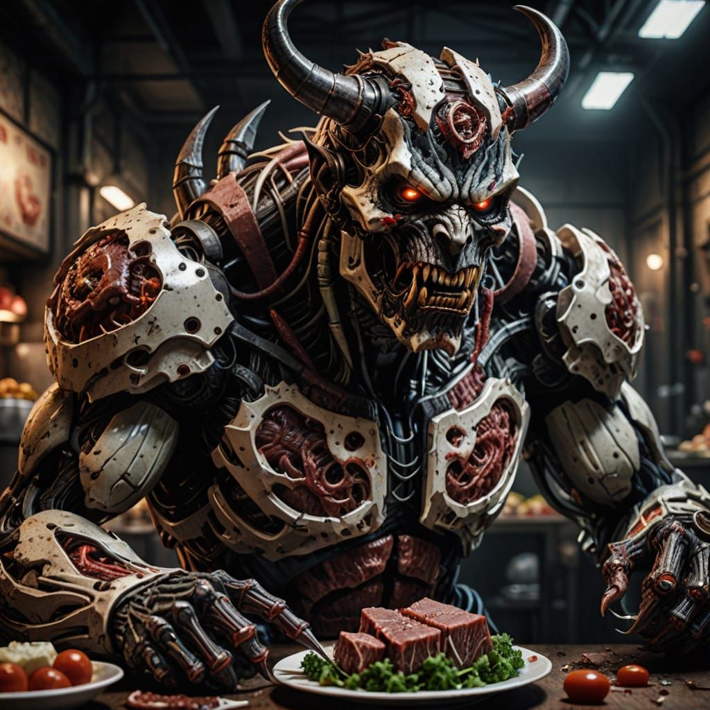 Cyborg Demon Devours Raw Meat in Hyperrealistic, C... - AI Art
