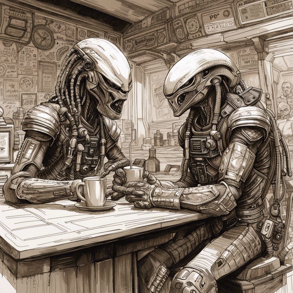 Coffee Shop in Space ~ Alien vs. Predator Characters - AI Generated ...