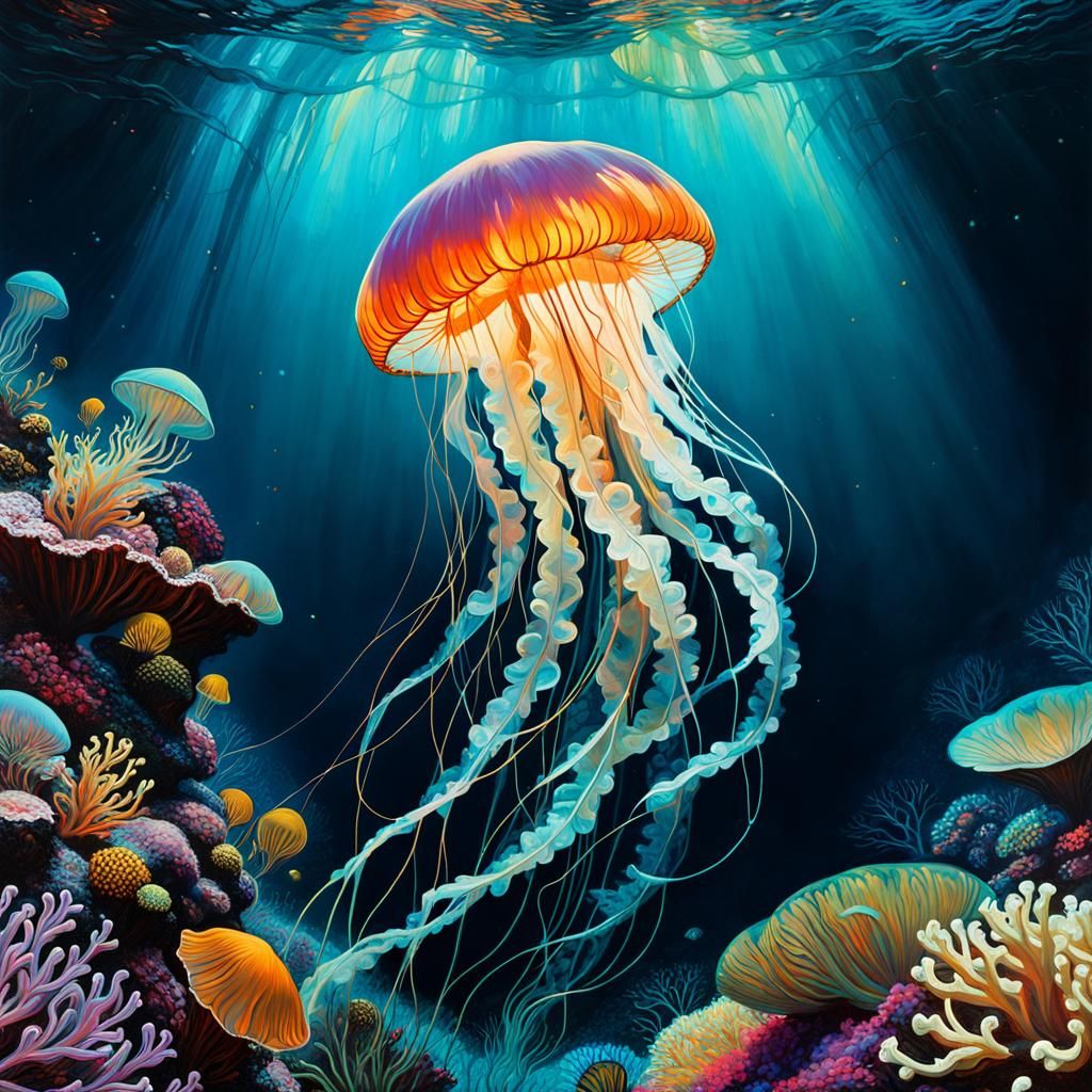 Jelly Fish in a Coral Reef - AI Generated Artwork - NightCafe Creator