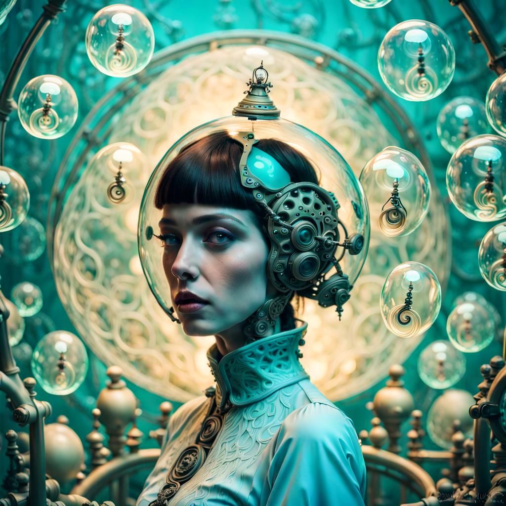 ethereal girl with porcelain skin and piercing eyes, wearing translucent bubble helmet floating ...