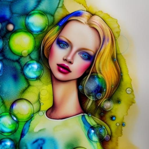 Watercolor and Alcohol Ink - Luminous Girl in Watercolor an...