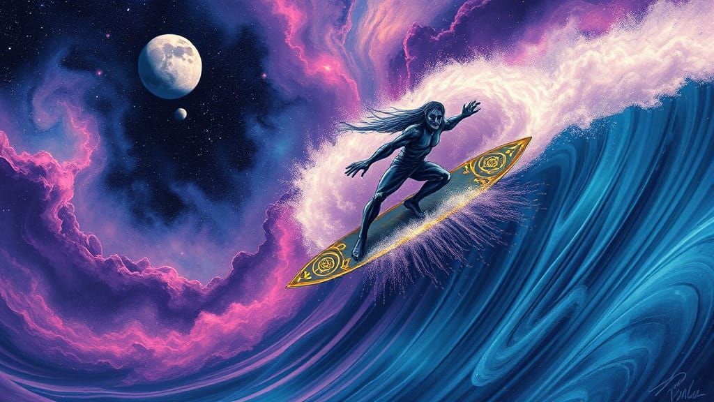 Cosmic Surfer Rides Iridescent Space Dust in a Swi... - AI Art