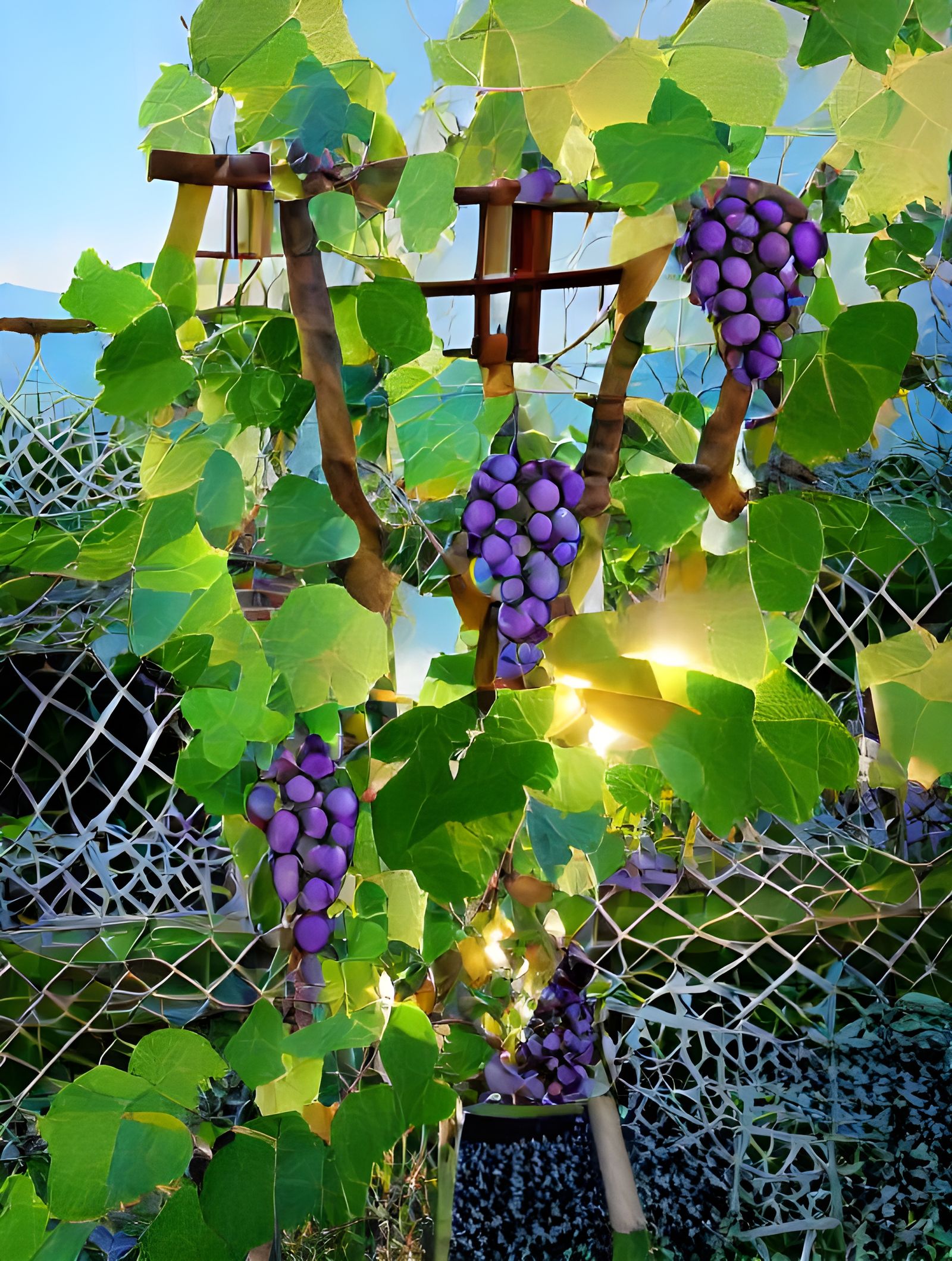 grape vine with grapes growing up wooden trellis photorealism 4K serene ...