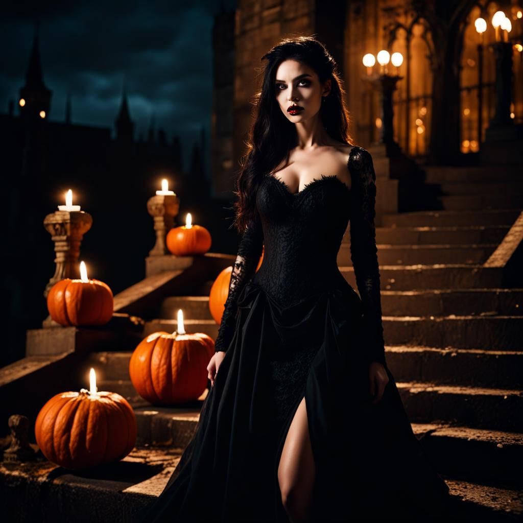 beautiful girl stands on the steps of a dark castle, tight black ...