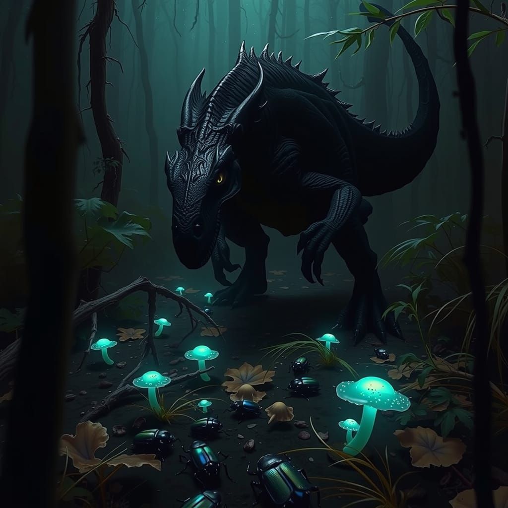 Dark Fantasy Raptor Stalks Iridescent Beetles in t... - AI Art