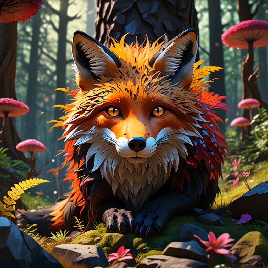 Surrealistic Fox in Vibrant Love Forest with Triad... - AI Art