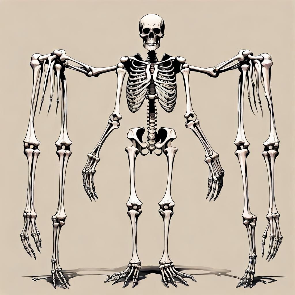 A complete humanoid skeleton with big and thick bones, many pair of ...