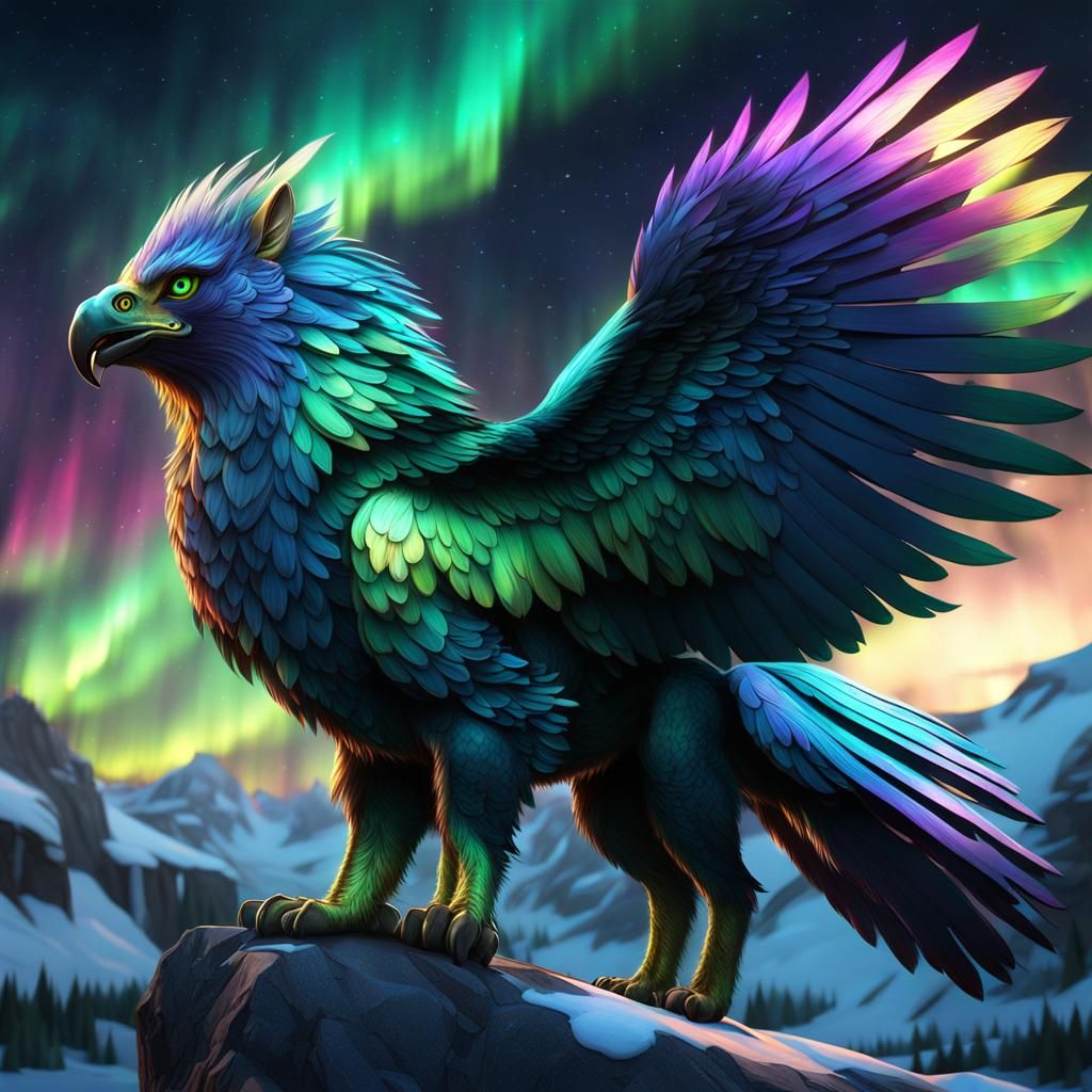 Aurora Gryphon is a creature of the northern lights, with feathers that ...