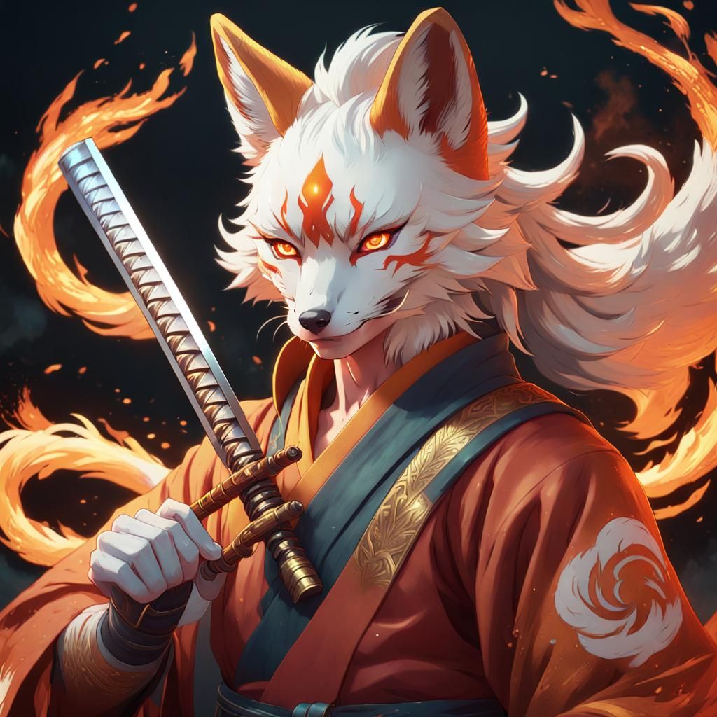Male anime Kitsune holding fire katana - AI Generated Artwork ...