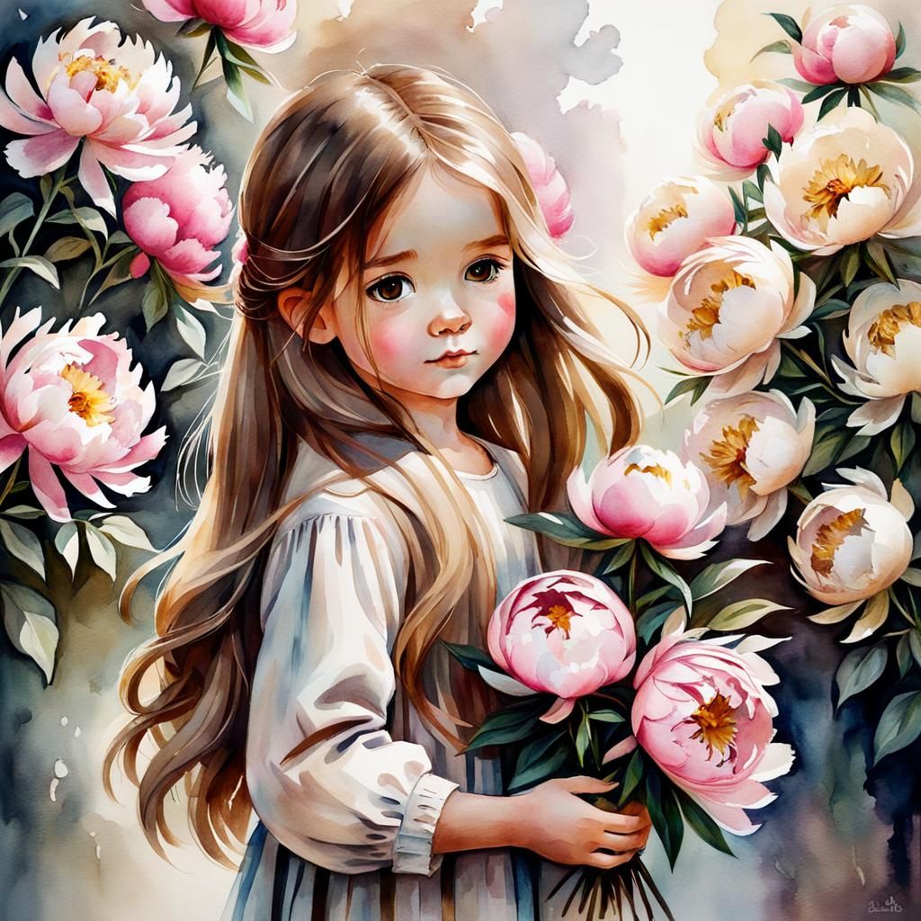 Little girl with peonies - AI Generated Artwork - NightCafe Creator