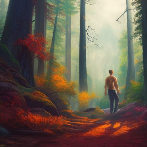 A man ascending a serene logging path surrounded by tall trees and ...