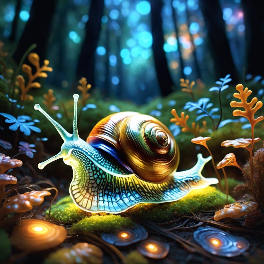 Bioluminescent Snail Glides Through Glowing Forest - AI Art