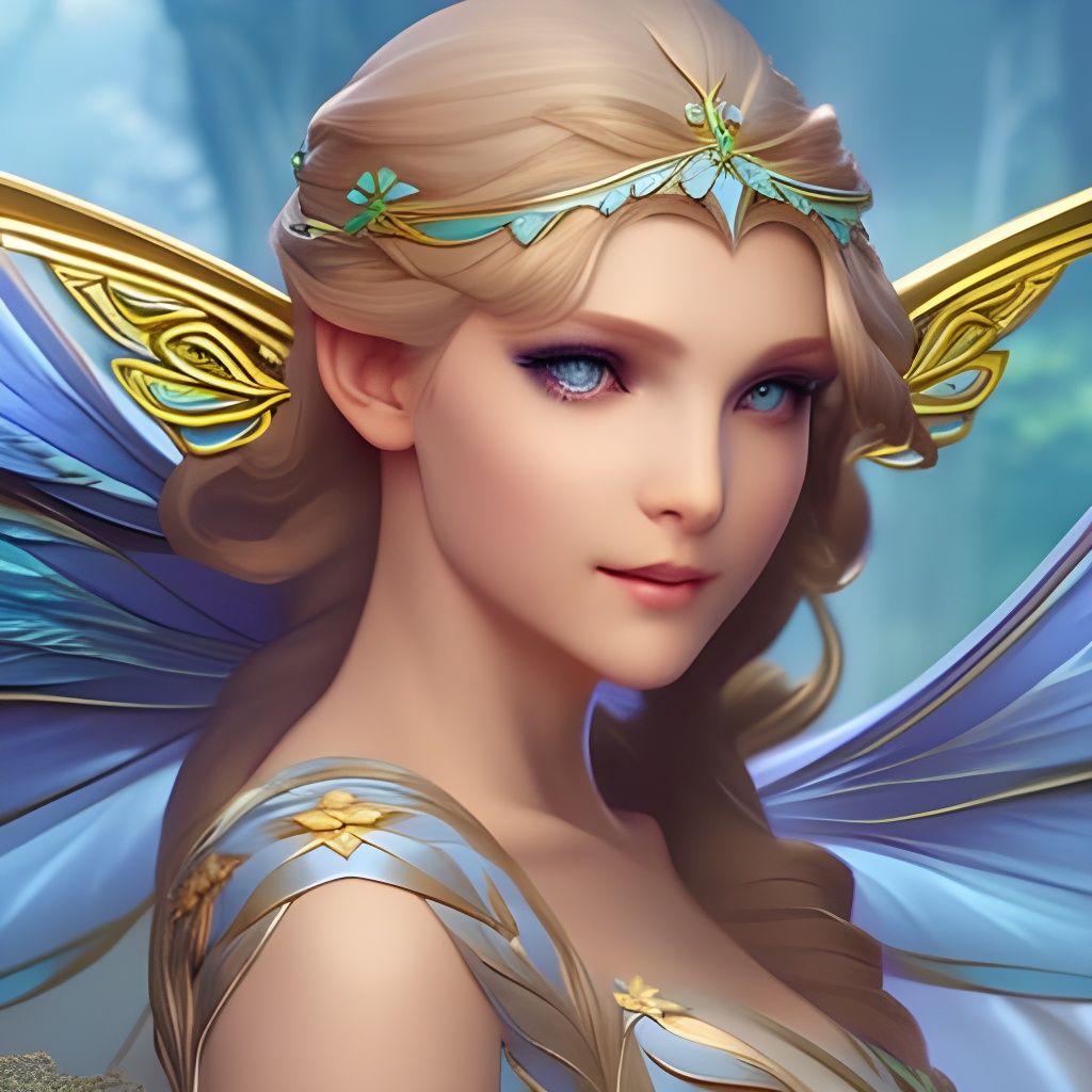 fairy with blond hair, flowers in hair, fairy wings and green eyes ...