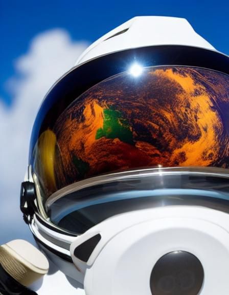 Helmets. space helmet reflects earth with vivid blue oceans and clouds ...