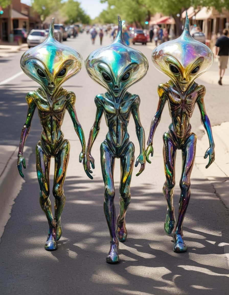 3 sophisticated Murano glass aliens walking down the street in Roswell ...