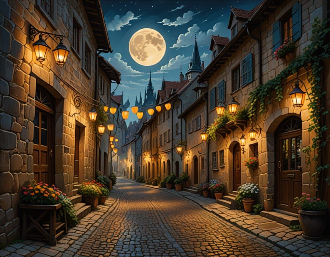 A village by night - Medieval Village Nightscape in Romantic...