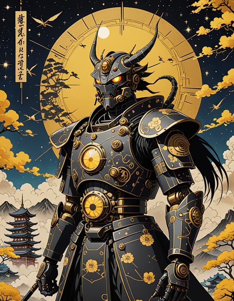 Steampunk Samurai Serpent Soars Amidst Celestial W... - AI Art