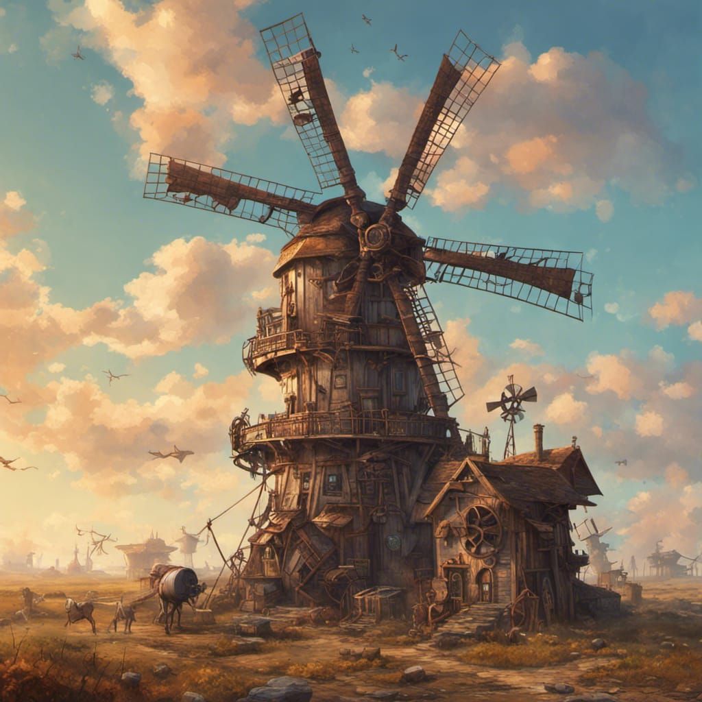 Derelict windmill with cottage, setting sun. - AI Generated Artwork - NightCafe Creator