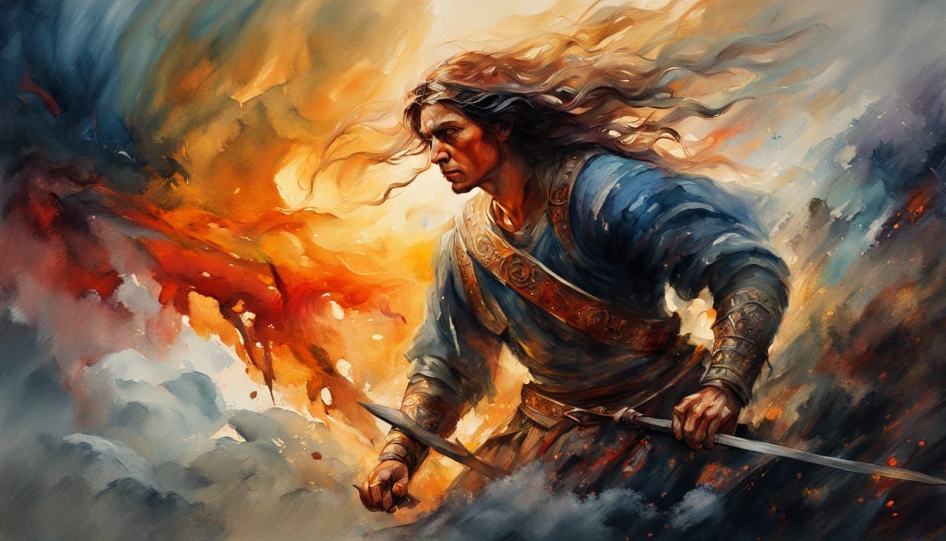 Imagine a grand, Renaissance-style painting of a powerful warrior ...