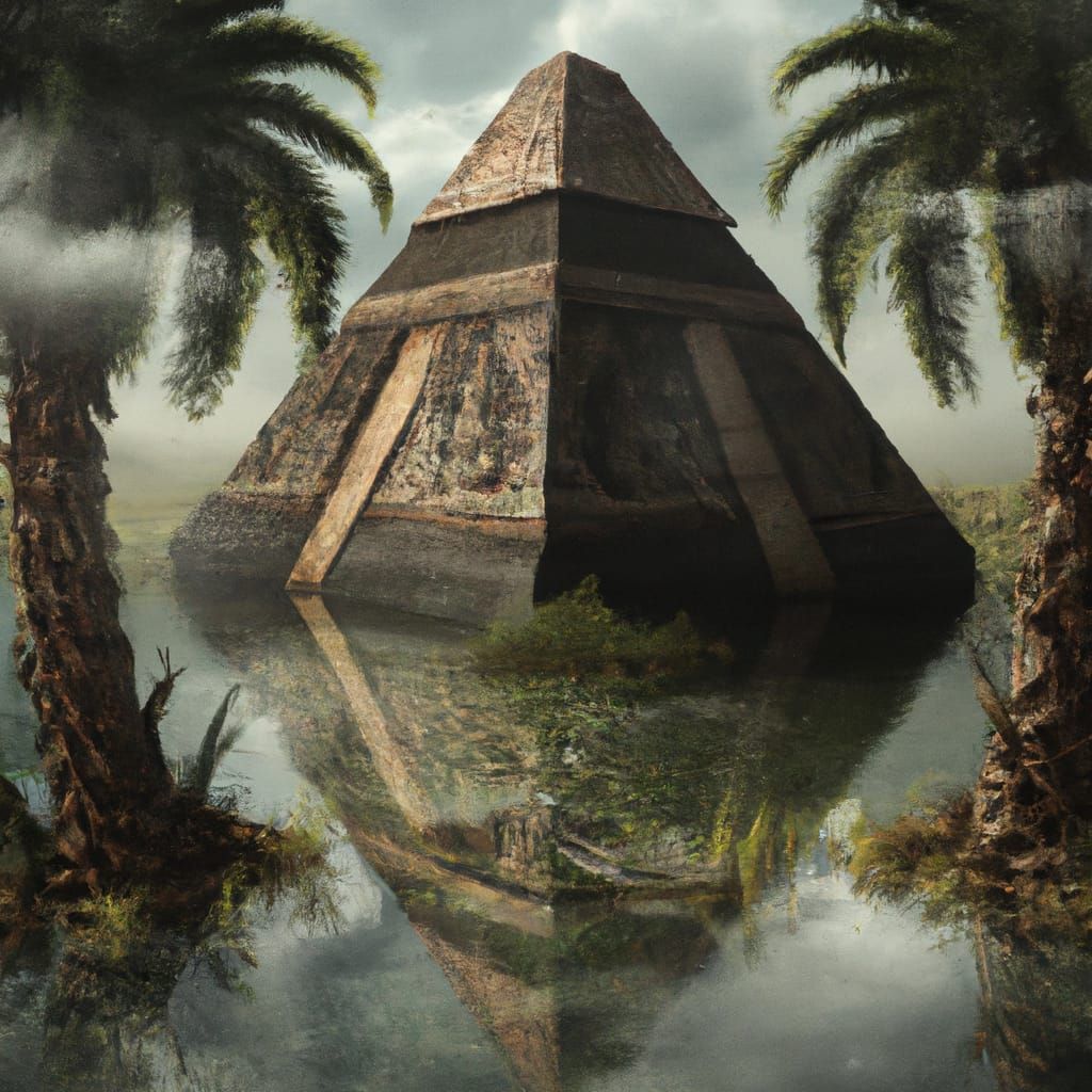 ancient Pyramid in center, standing in water, add two palmtrees Epic ...