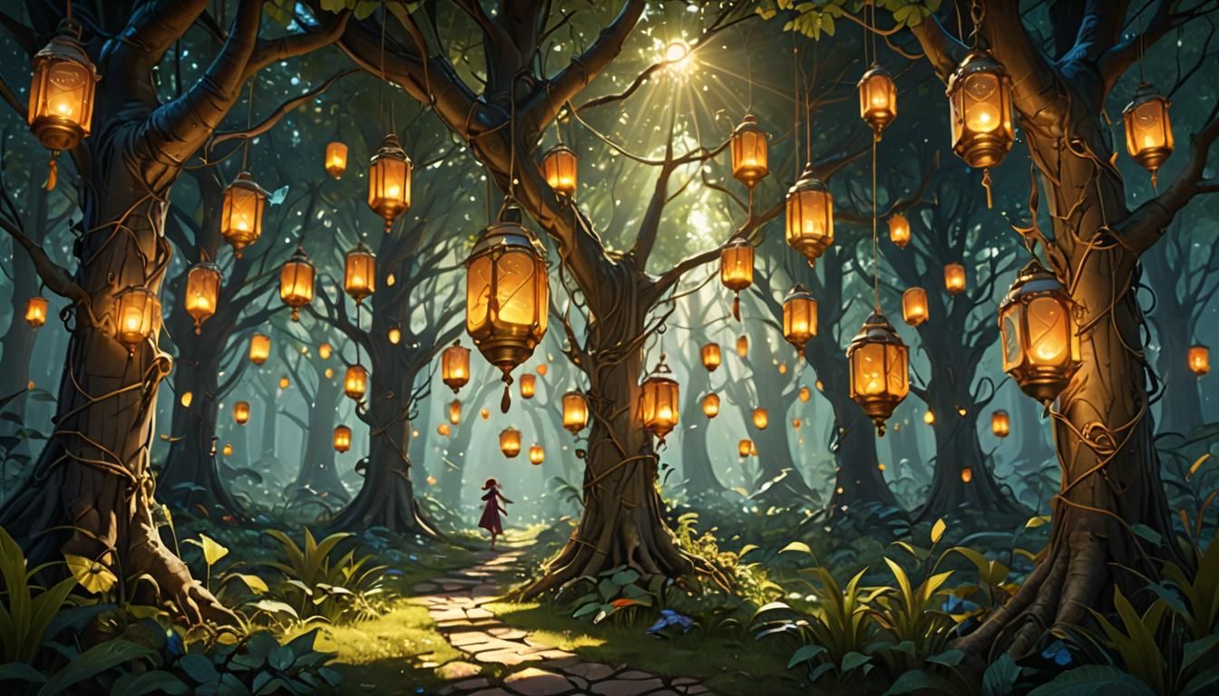 In a Magical forest, hanging Lanterns light up fairies with their ...