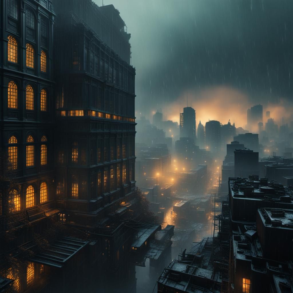 Dystopian world, smokey, foggy, raining, dramatic lighting, buildings ...
