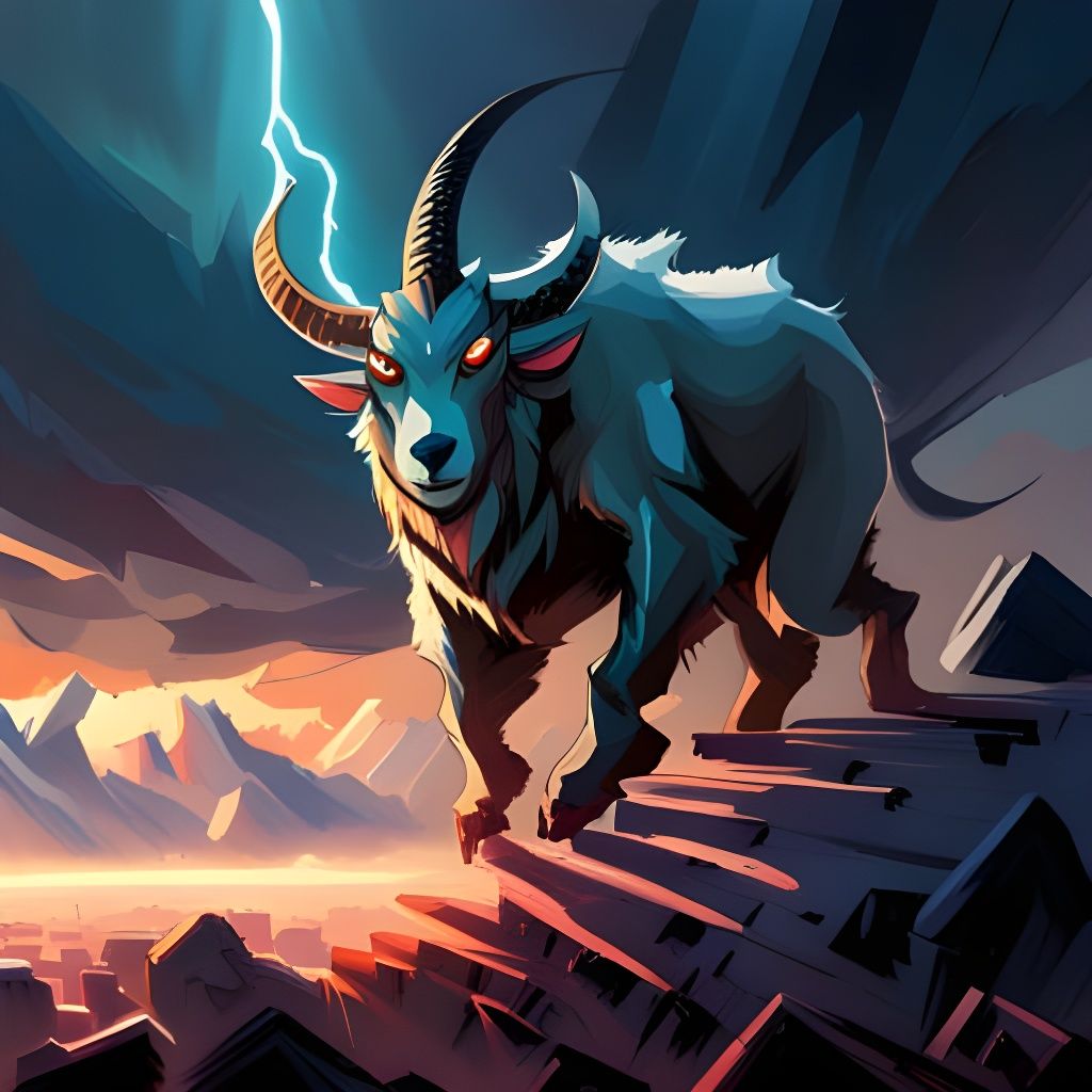 Monster Mountain goat, fantasy ibex, running forward, kaiju sized ...