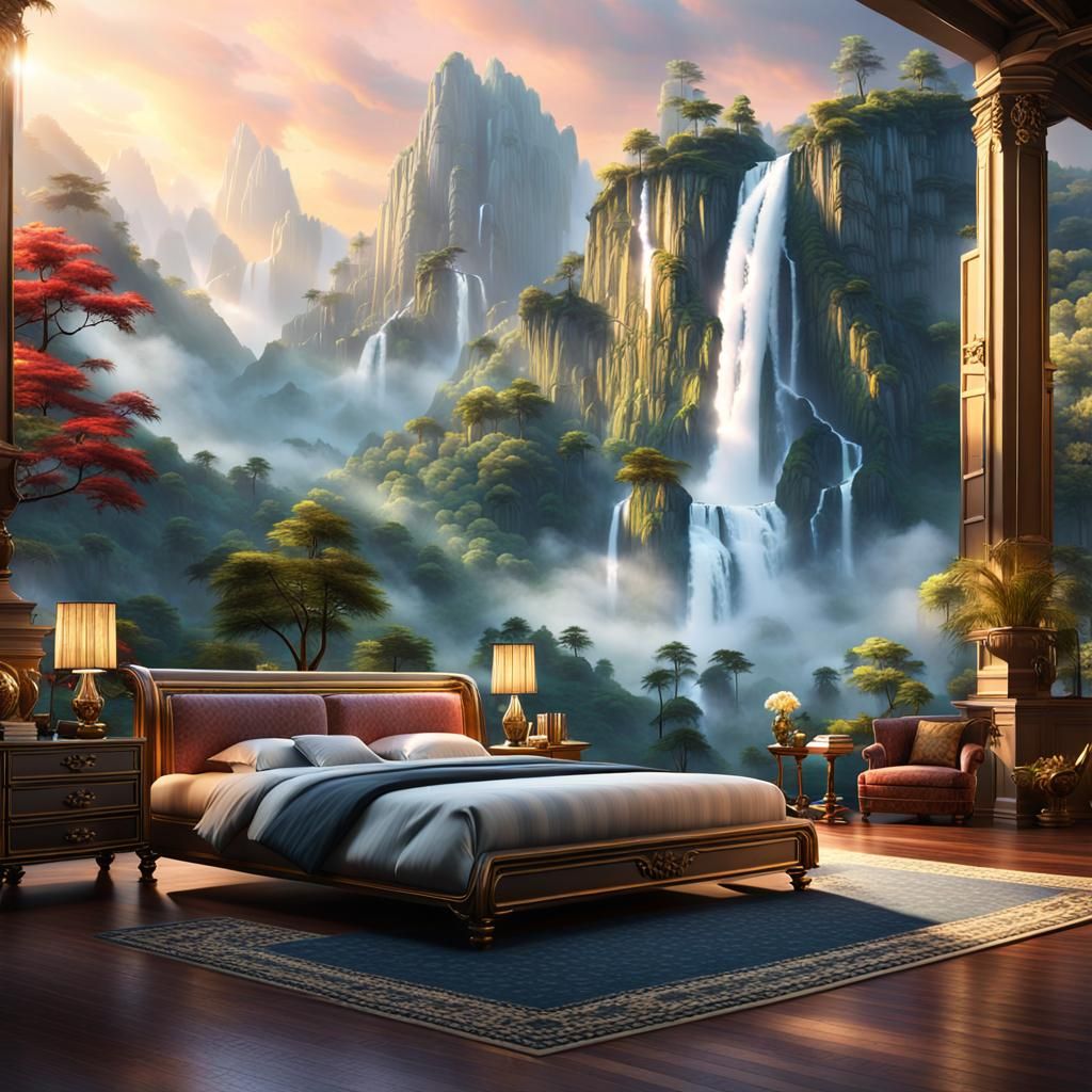 Serene Mountain top Waterfall Bedroom design - AI Generated Artwork ...