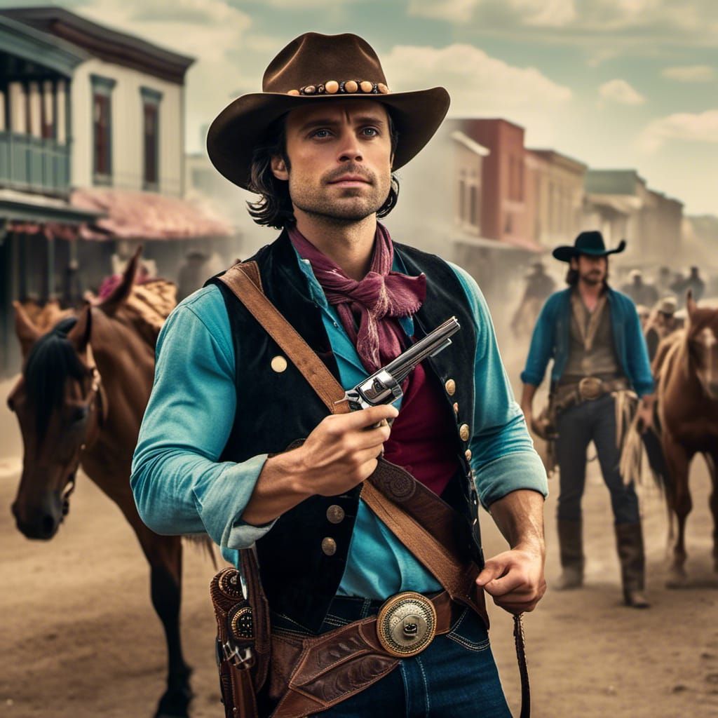 Sebastian Stan as vivid colored cowboy in colorful clothes, pointing ...