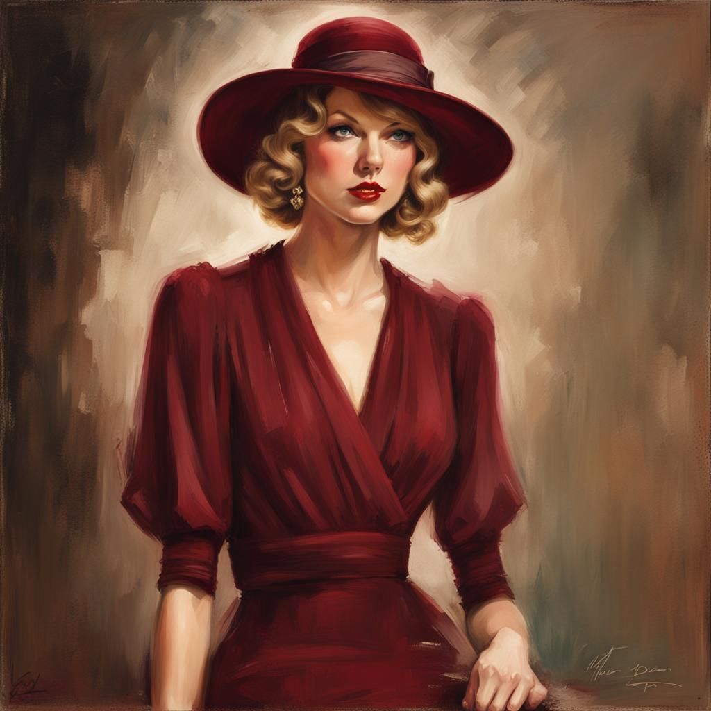 Taylor Swift 1930s modest burgundy dress and hat head and shoulders ...